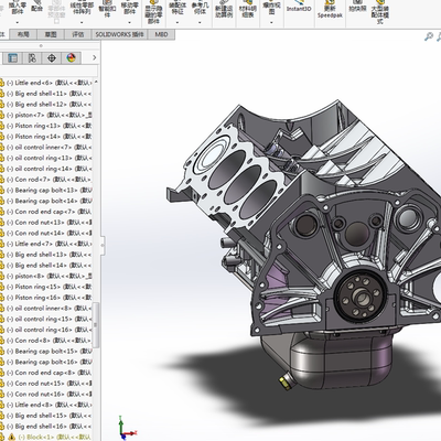 v8带有组装的发动机缸体模型01200730图纸（STEP/SLDASM格式）