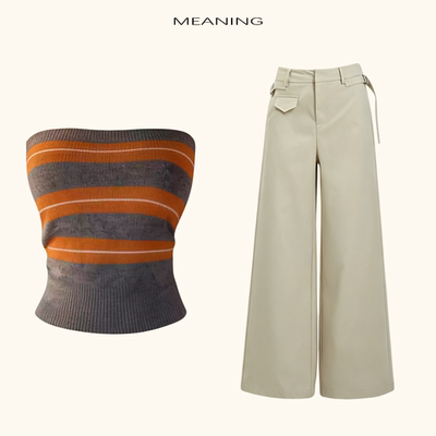 韩系条纹抹胸针织辣妹风上衣夏季新款卡其色休闲长裤时尚套装