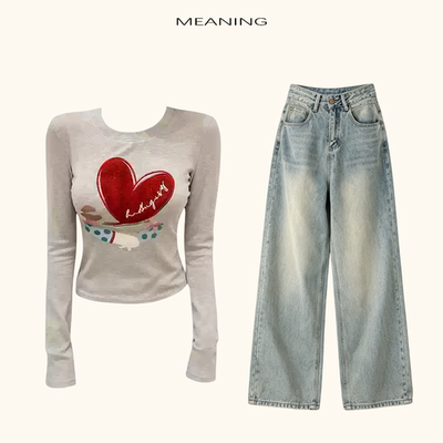 美式爱心小狗印花正肩长袖t恤女打底衫2026春夏浅色牛仔长裤套装