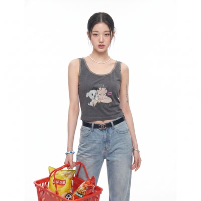 美式卡通风灰色印花U领背心女夏季新款铆钉装饰宽松短款辣妹上衣