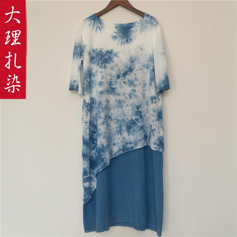 扎染禅茶服裙子宽松民族风女装云南大理白族手工蓝染草木染连衣裙