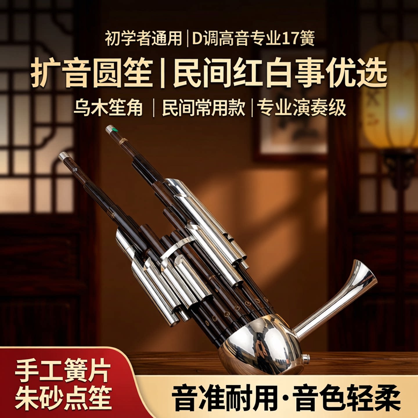 笙乐器初学者D调高音专业17簧扩音圆笙竹笙民间红白事降B调送笙包