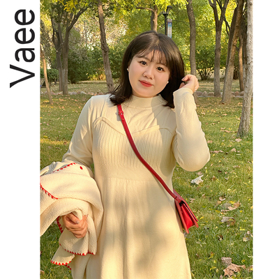 Vaee 大码女装2025冬季新款200斤胖mm假两件纯色收腰针织连衣裙