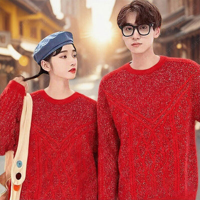 阿迪达斯三叶草新年款红色毛衣男装26春季运动圆领套头衫KT0693