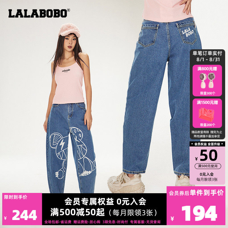 LALABOBO美式秋新款直筒宽松显瘦大图案牛仔男友裤女|L21C-WXZC11_虎窝淘