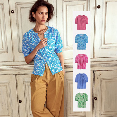 夏季舒适莫代尔棉缩褶皱木耳边泡泡袖纽扣开衫款圆领短袖T恤上衣