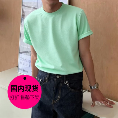 【特价现货】韩国东大门男装纯色褶皱纹理弹力健身短袖T恤-TS2584