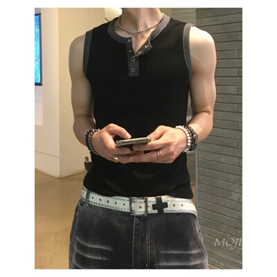 韩国代购东大门男装华夫格拼色亨利领无袖背心无袖T恤TEE男TS4174