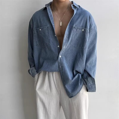 魔吉达韩国代购男装落肩慵懒cozyfit高品水洗牛仔长袖衬衫-SH2116