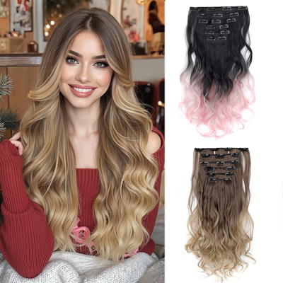 渐变假发片Wavy Hairpiece Clip In hair extensions Ombre Color