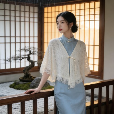 新中式旗袍披肩米白色外套苏州绍兴旅游拍照外搭礼服裙子日常开衫