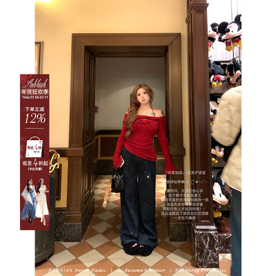 安妮不火 小众烫钻爆闪加绒宽松牛仔裤女微胖大码显瘦阔腿牛仔裤