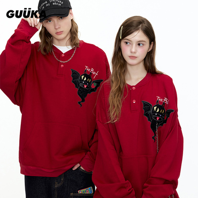 GUUKA潮牌幽蝠刺绣红色卫衣加绒