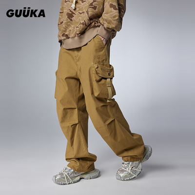 GUUKA卡其色直筒工装裤男春季新款潮 美式立体口袋收褶伐木裤宽松
