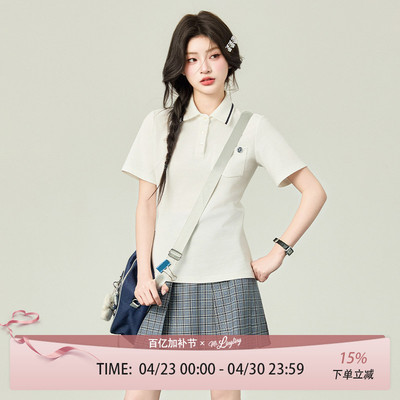 花铃太太若草夏款收腰polo领透气短衬衫学院风套装女jk原创T校供