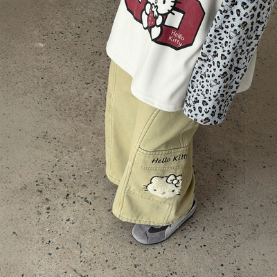 四班 女童猫咪刺绣工装阔腿裤冬季加绒美式复古宽松休闲直筒长裤