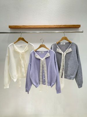 韩国东大门2025冬新款INTRO时尚百搭蕾丝边针织开衫女毛衣外套