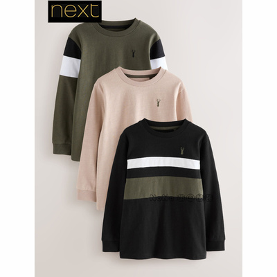 英国Next男大童款亲子黑绿色长袖T恤纯棉3-16岁圆领三件F95-876