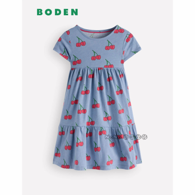 代购英国Mini Boden女童蓝色樱桃印花全棉短袖连衣裙2-12岁G5406