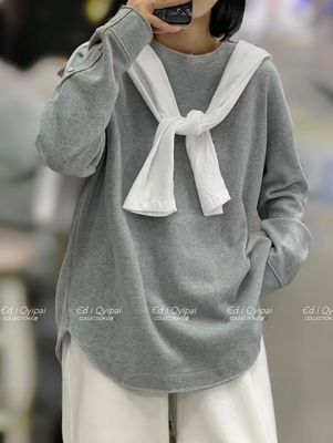 ED,7336#加绒套头款袖口设计款中长款显瘦卫衣百搭时尚潮流简约女