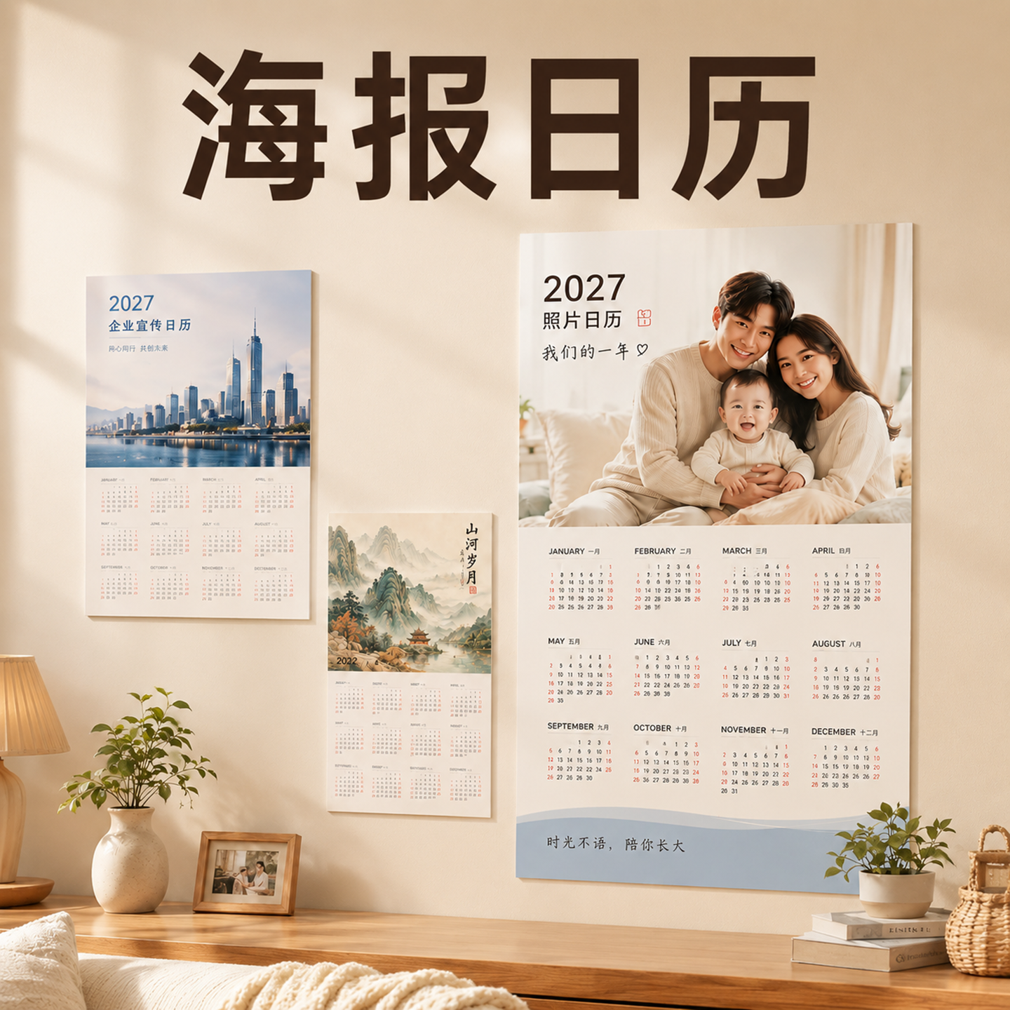 海报日历定制照片挂历国风插画家庭纪念企业宣传墙饰来图打印制作