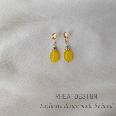 国风原创手作黄色天然石耳环文艺复古天然淡水珍珠耳钉无痛耳夹