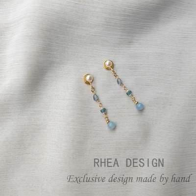 天然珍珠小清新海蓝宝色原创设计师款手工长款流苏耳饰耳夹耳钉