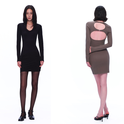 修身镂空露背V领弹力打底连衣裙