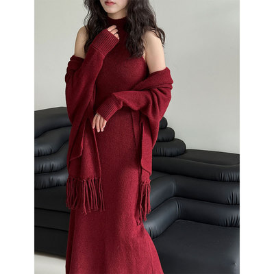 鹿西 秋冬针织衫套装背心连衣裙+流苏披肩外套女毛衣两件套ss913
