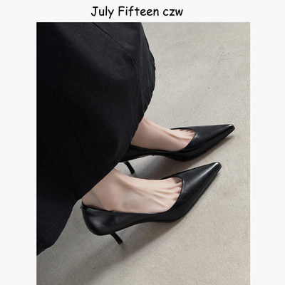 法式头层牛皮尖头细跟通勤单鞋