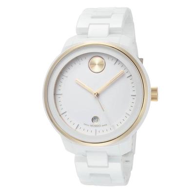 代购Movado摩凡陀女士腕表防水夜光日期石英陶瓷白色圆形钢带