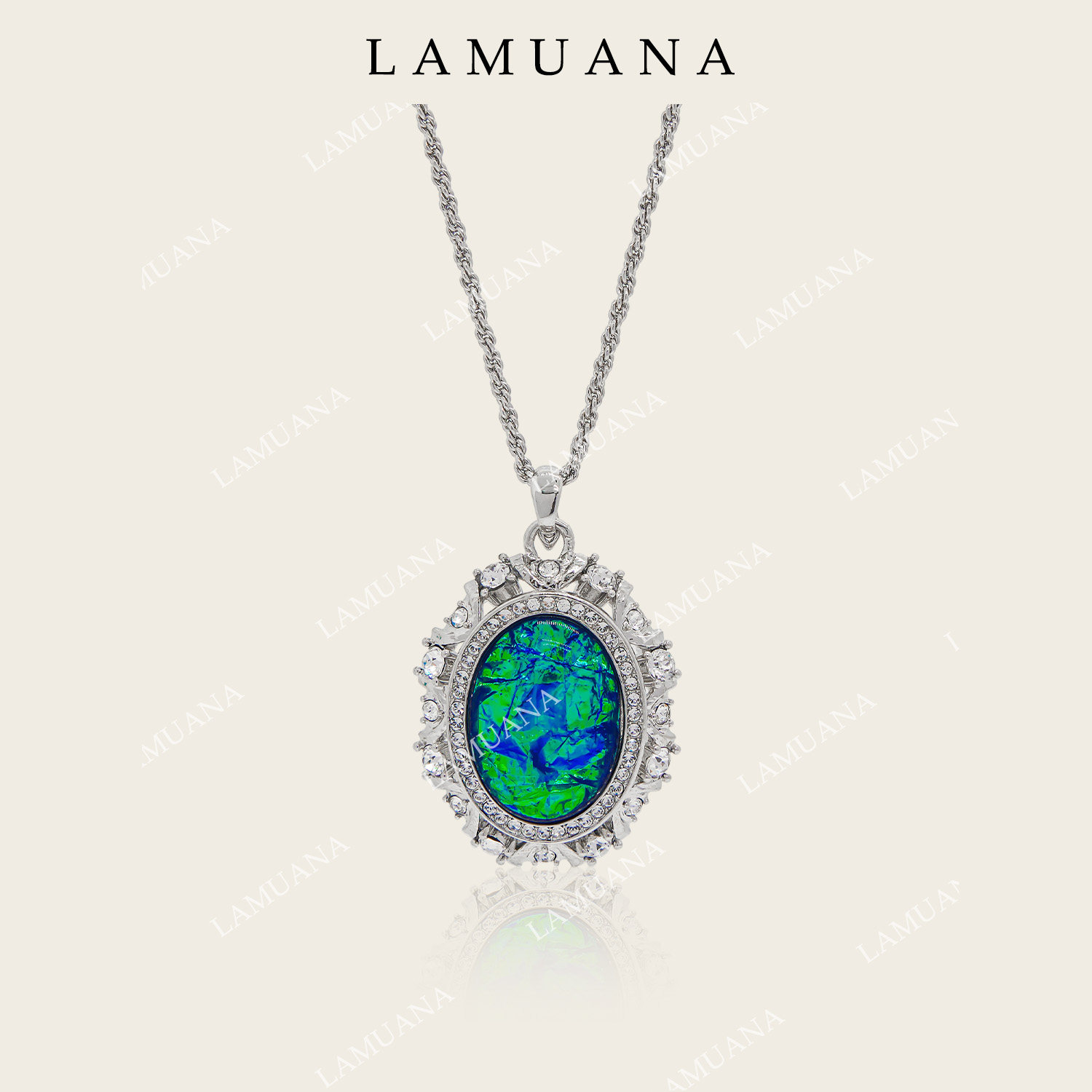 LAMUANA魔镜欧泊项链|人工蓝欧泊石浓烈火彩荧蓝欧泊颈链17597