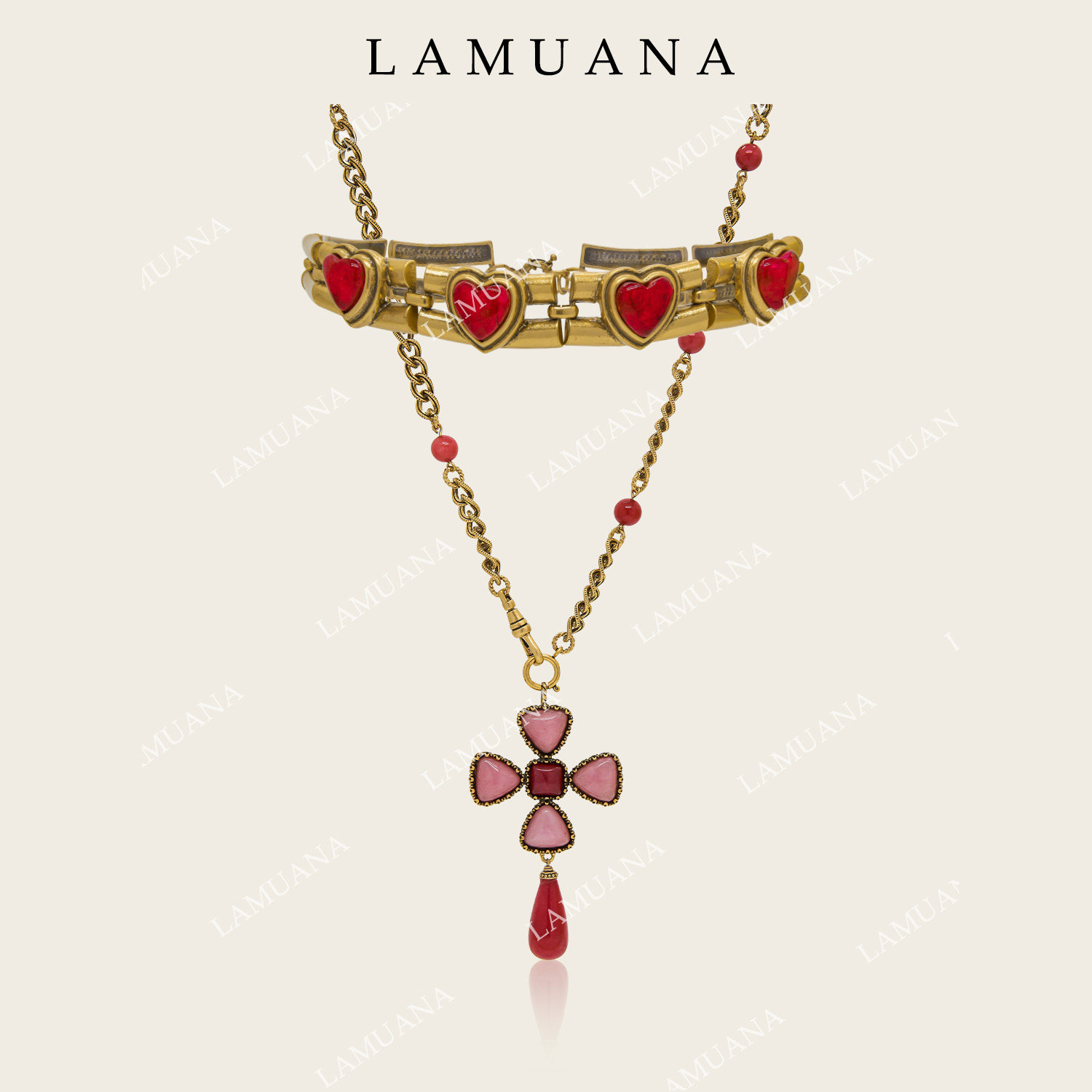 LAMUANA红桃爱丽丝爱心十字架叠戴项链复古中古vintage风长款颈链