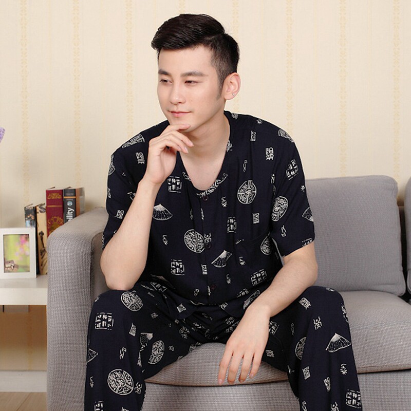 男士棉绸睡衣夏季绵绸薄款爸爸短袖套装家居服中老年人造棉两件套