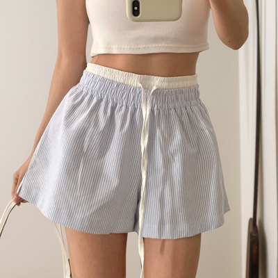 高腰双腰头系带松紧腰阔腿短裤女