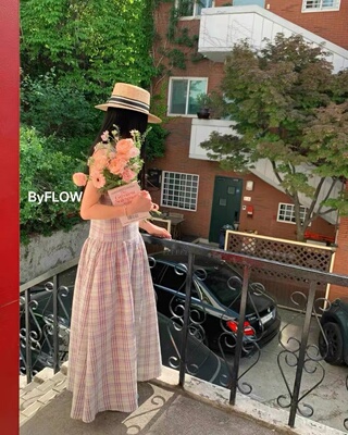 byflow格纹气质提花格纹吊带长裙