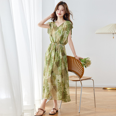 2026夏季新款垂感显瘦度假长裙褶皱印花无袖连衣裙女配腰带DL2727