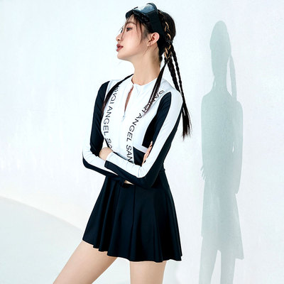 清仓女长袖前拉链高领裙式游泳衣