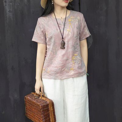 重工复古刺绣V领短袖新中式上衣