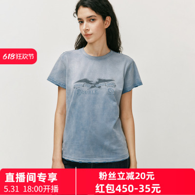 美式复古炒色洗水破洞做旧棉T
