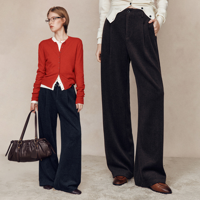 半松紧腰直筒单褶微阔休闲长裤女