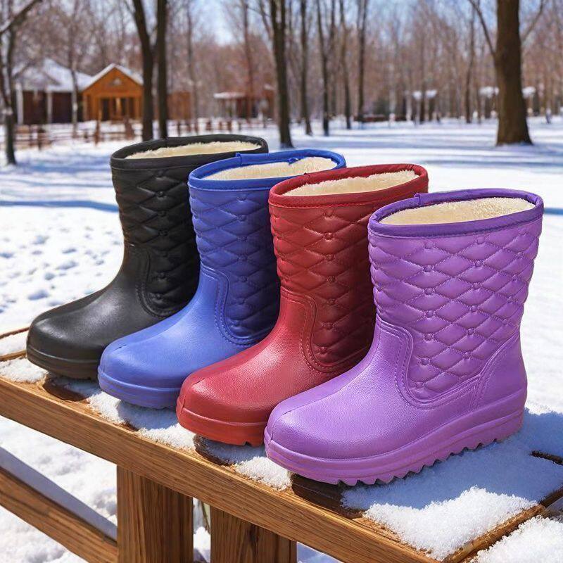 加绒雪地靴防水雨靴防滑保暖学生韩版靴EVA一体鞋厨房洗衣工作鞋