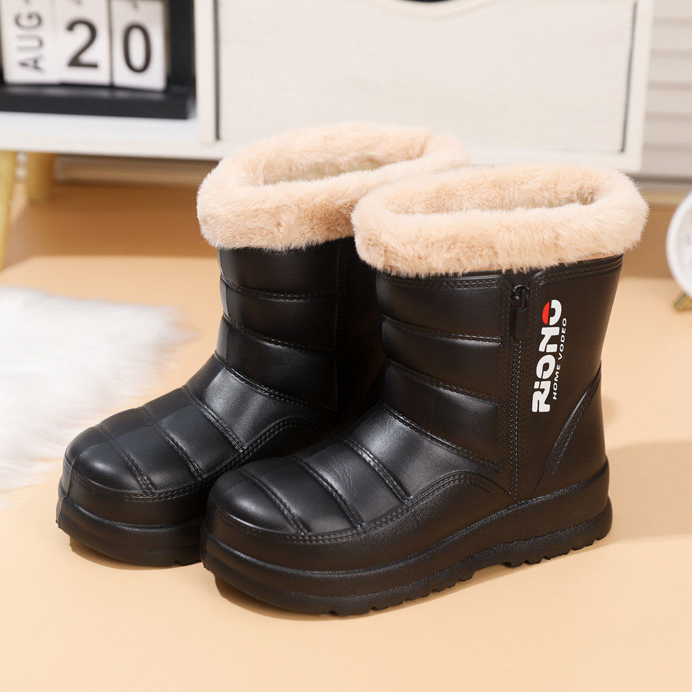 冬季女保暖棉靴加绒加厚雪地靴防滑防水皮面中老年妈妈棉鞋