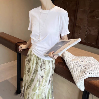GRACETINA HOO｜法式简约休闲通勤｜全棉背部扭结圆领短袖T恤女夏
