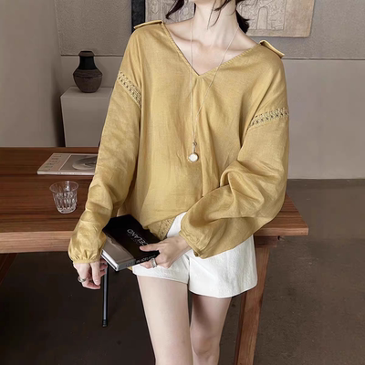 GRACETINA HOO｜法式温柔时髦通勤｜丝麻刺绣翻V领长袖衬衫女春夏