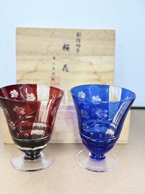 日本现货实拍日本进口樱花切子高脚杯一对