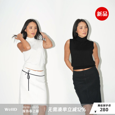 WellD 90s时髦时装款 真丝羊毛无袖小高领背心女经典高级百搭上衣