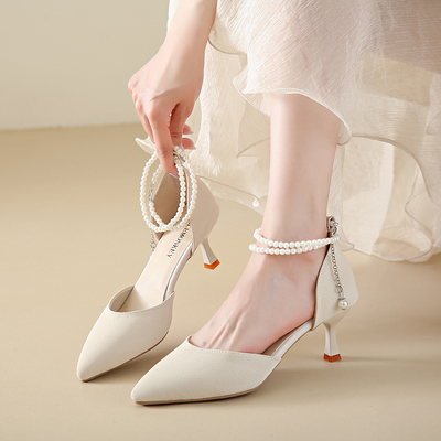 法式珍珠一字带高跟鞋女夏款尖头细跟仙女风凉鞋单鞋2025春秋新款