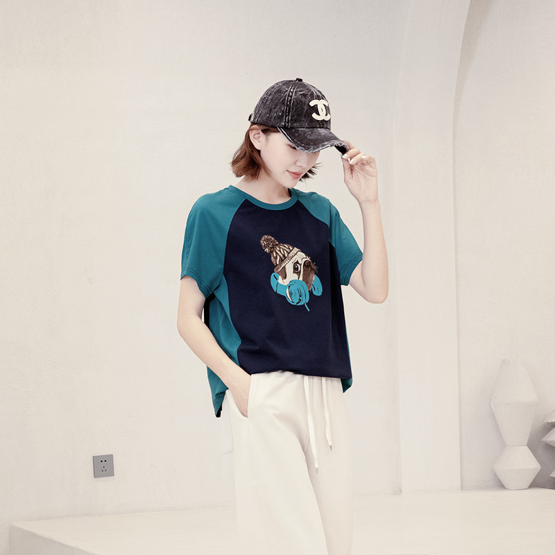 夏装女休闲新款纯棉短袖女拼接撞色插肩袖时尚圆领印花蓝色上衣女