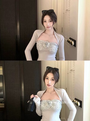 板栗可可1.20/20点'浮雕山茶花'千金感披肩/亮片山茶花抹胸套装